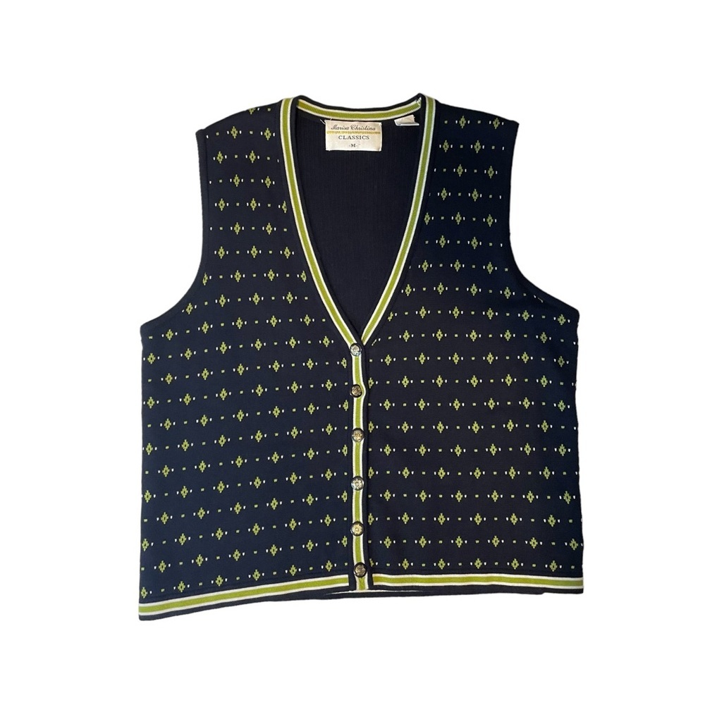 Marisa Christina 90s Navy Blue Lime Neon Green V-Neck… - Gem
